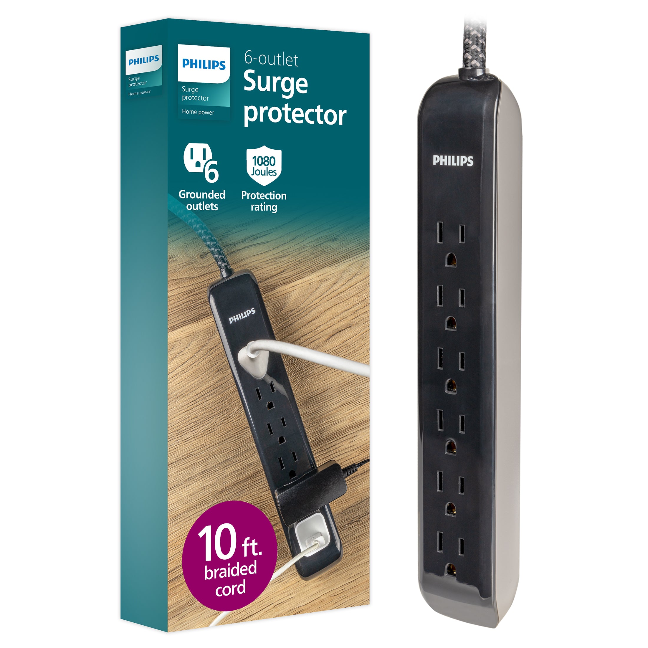 Philips 6-Outlet Surge Protector, 1080J, 10ft Braided Cord, Black – Jasco